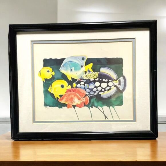 Art | Vtg Paul P Brent Tropical Clown Fish Litho Matted Print Framed ...
